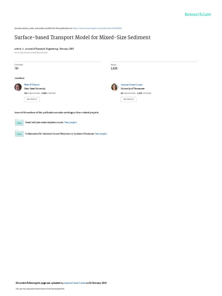 Surface-Based Transport Model For Mixed-Size Sediment: Journal of ...
