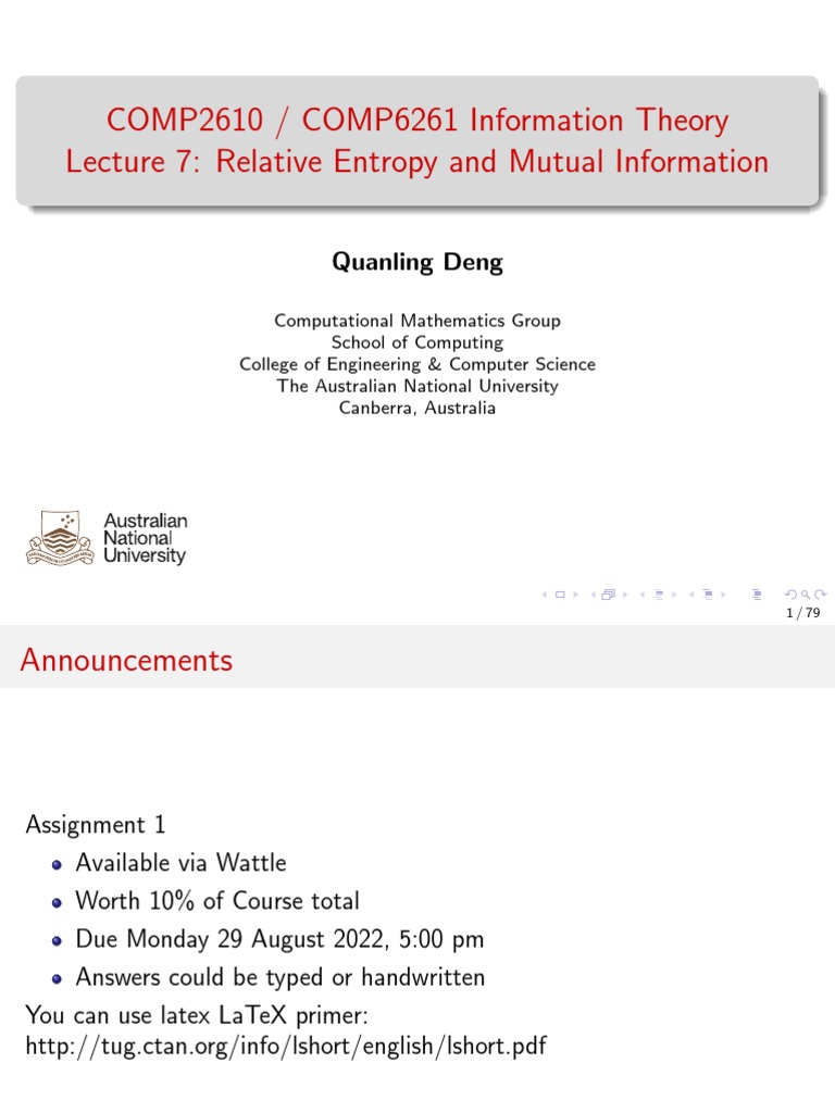 COMP2610 / COMP6261 Information Theory Lecture 7: Relative Entropy and Mutual Information | PDF
