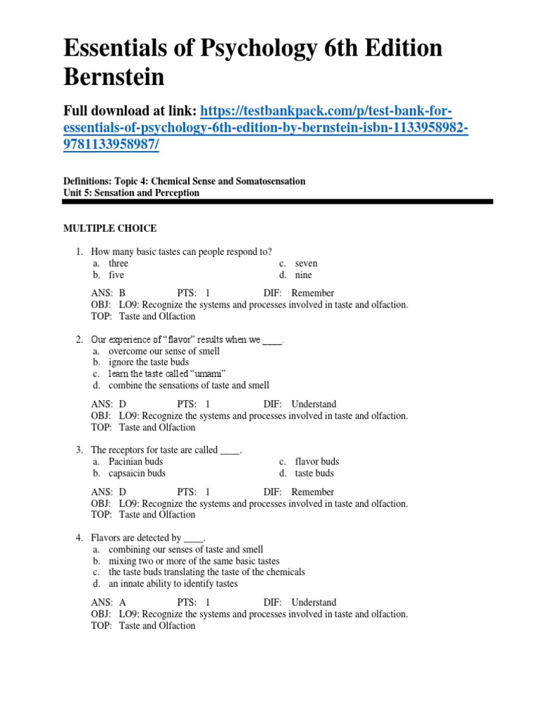 Essentials of Psychology 6th Edition Bernstein Test Bank 1 | PDF
