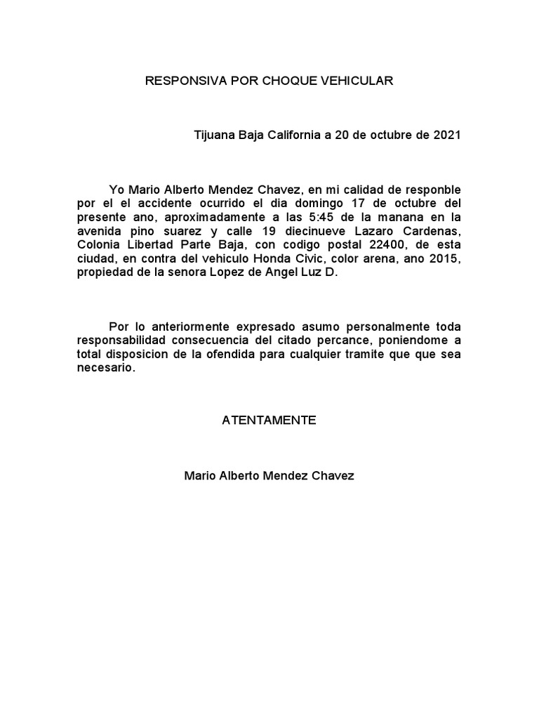 Carta Responsiva por Choque Vehicular | PDF