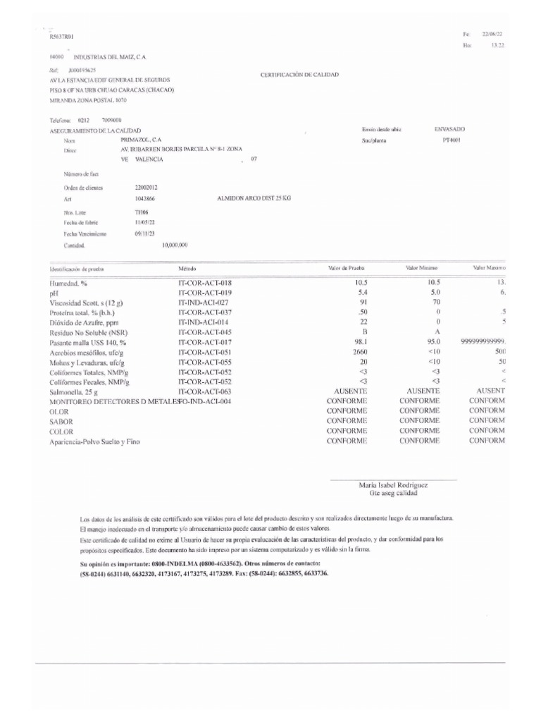 Coa Almidon de Maiz Lote TH06 | PDF