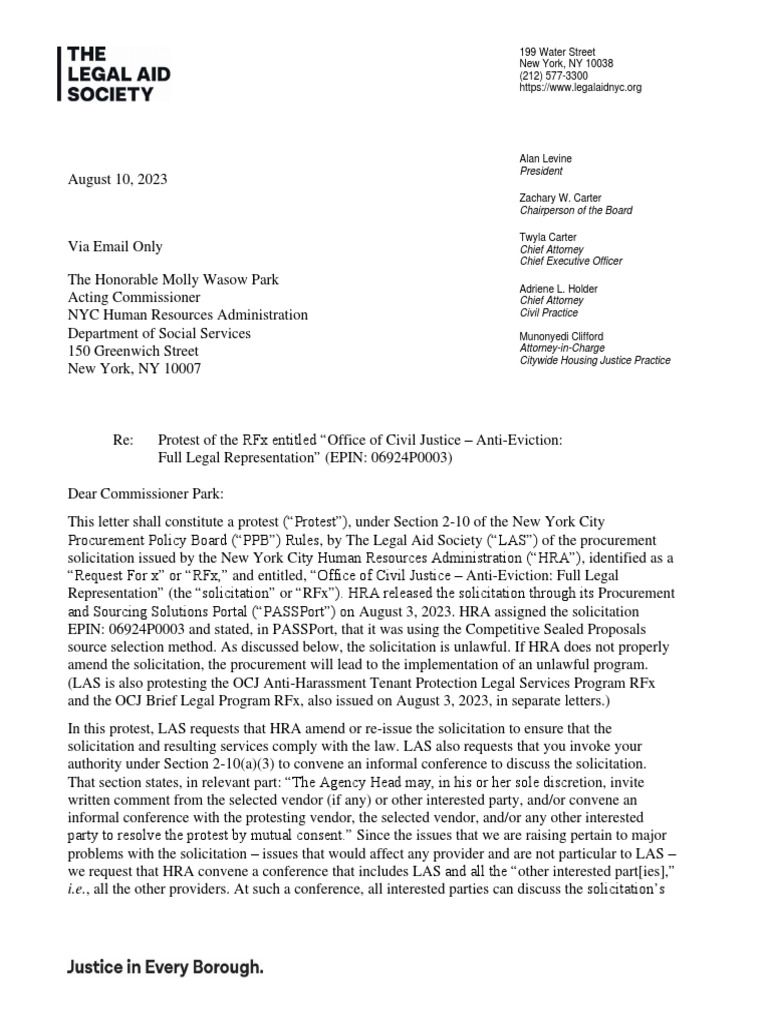 The Legal Aid Society - Protest Letter To HRA 8.10.23 | PDF