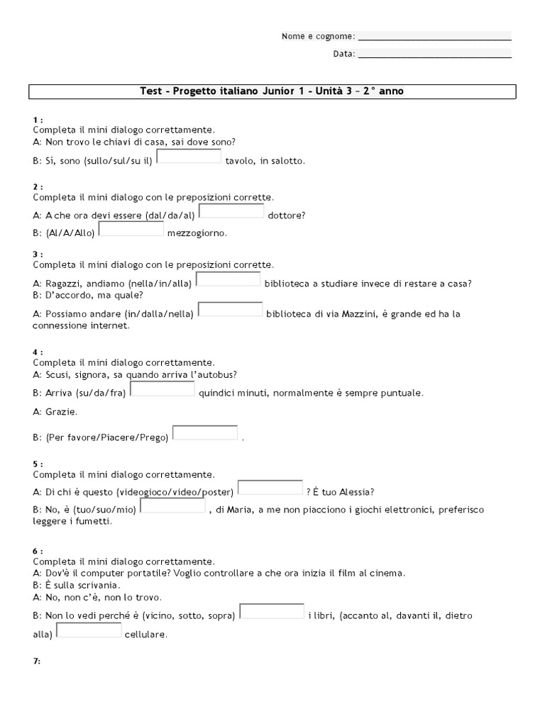 Progetto Italiano Junior 1 Test Unita 3 | PDF