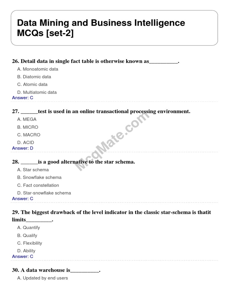 Data Mining and Business Intelligence Solved MCQs (Set-2) | PDF