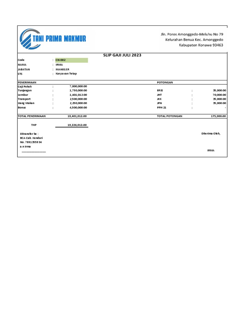 Contoh Slip Gaji Excel 66 | PDF
