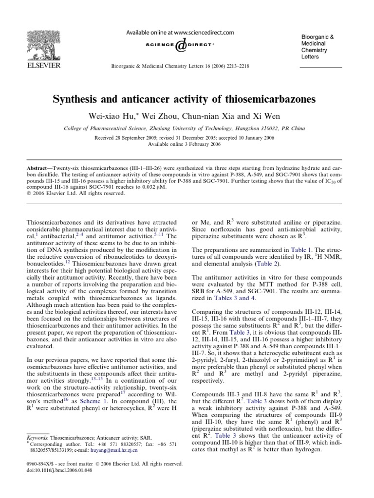 Synthesis and Anticancer Activity of Thiosemicarbazones | PDF