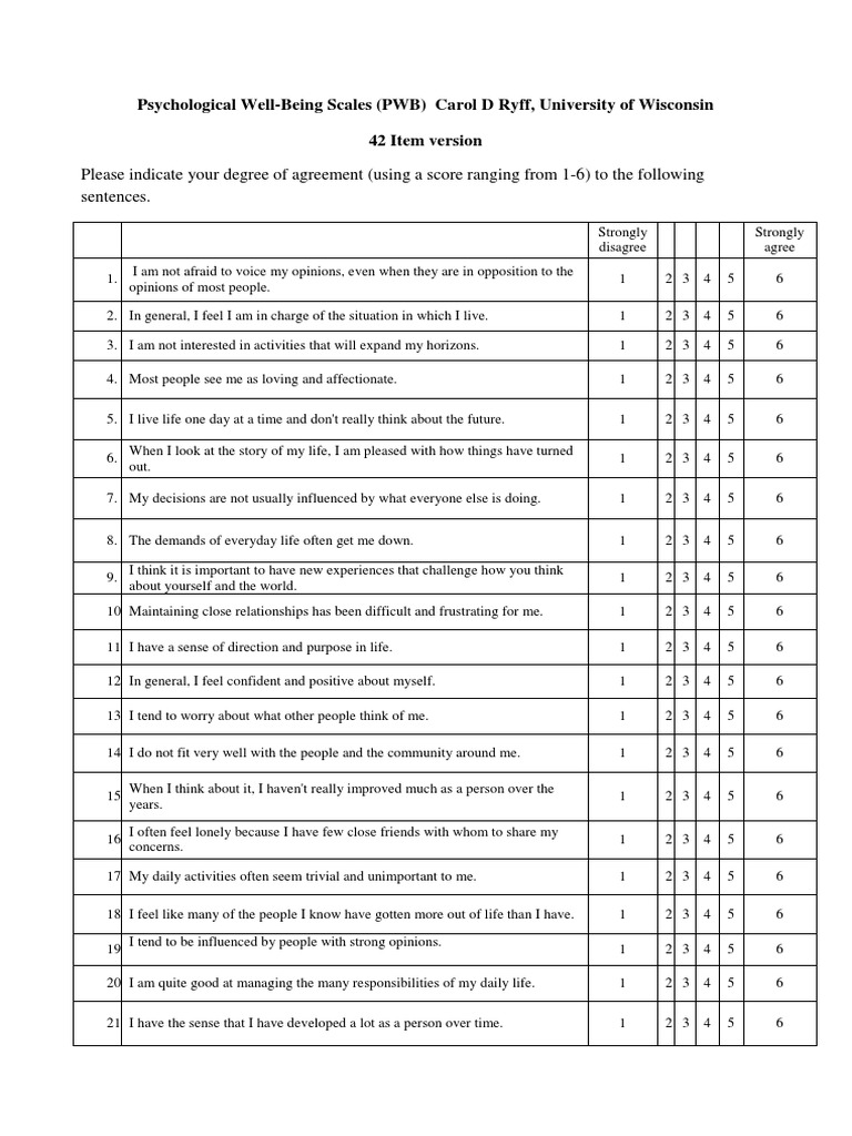 PWB-42 With Scoring | PDF | Well Being | Cognition