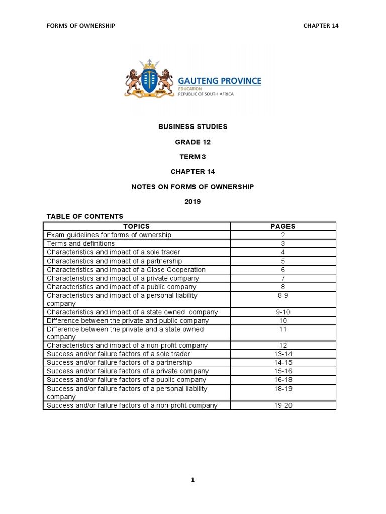 Chapter 14 Business Studies Grade Forms of Ownership | PDF