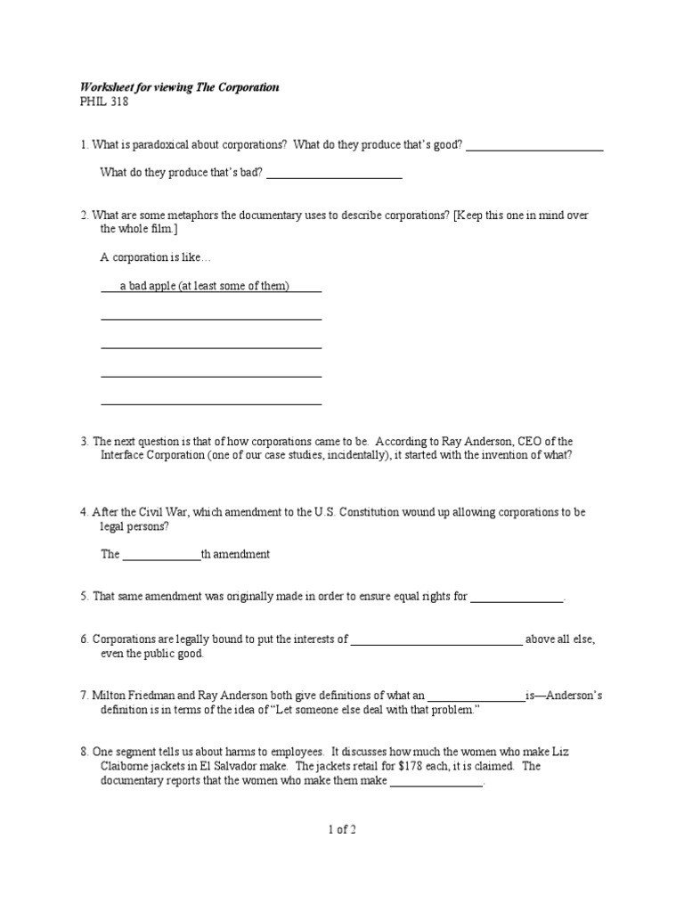 The Corporation Worksheet | PDF | Exxon Mobil | Social Institutions