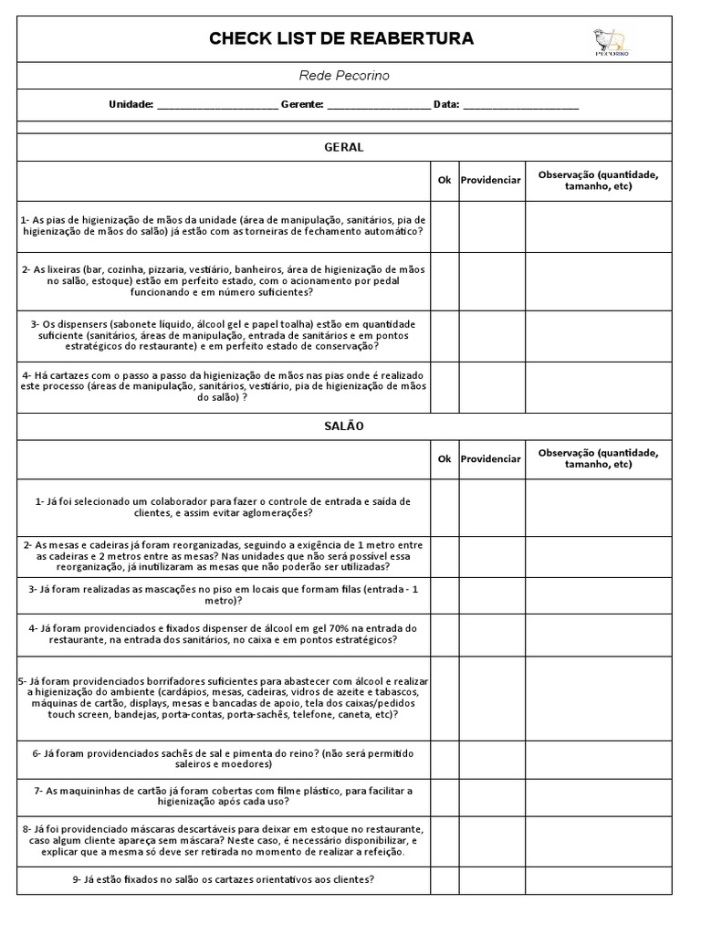 Check List de Reabertura de Restaurante | PDF