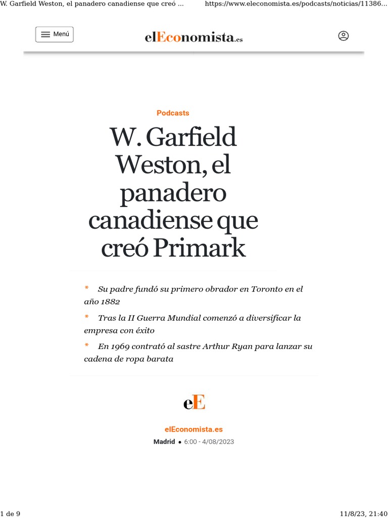 W. Garfield Weston, El Panadero Canadiense Que Creó Primark | PDF