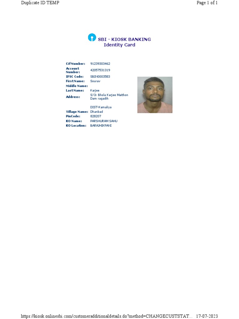 Sbi - Kiosk Banking Identity Card | PDF