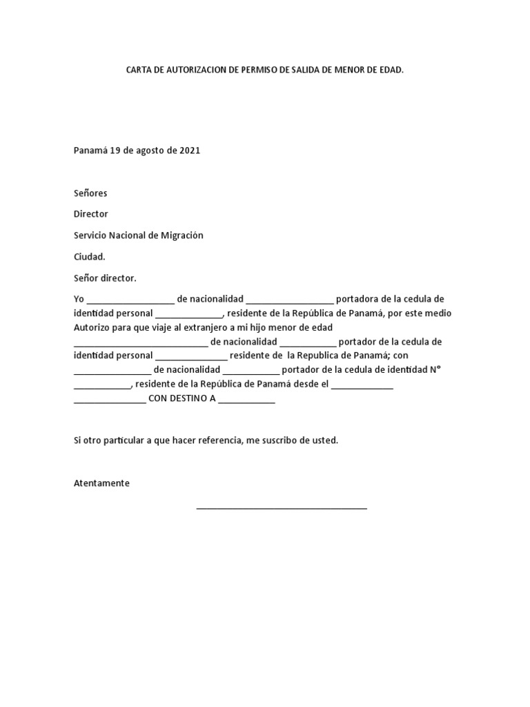 Carta de Autorizacion de Permiso de Salida de Menor de Edad | PDF Carta de Autorizacion de Permiso de Salida de Menor de Edad | PDF