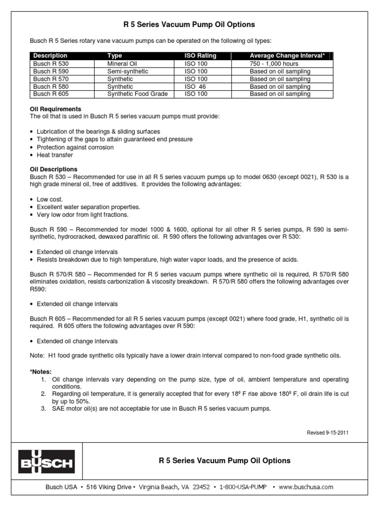 R 5 Series Vacuum Pump Oil Options | PDF