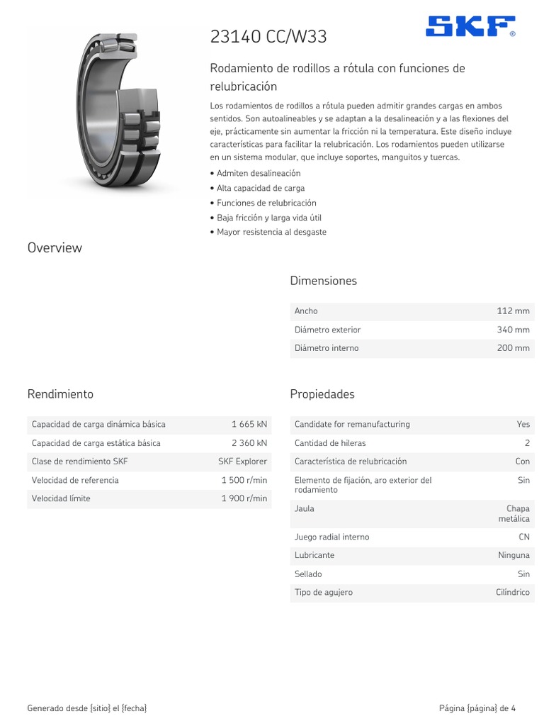 SKF 23140 CC - W33 Specification | PDF