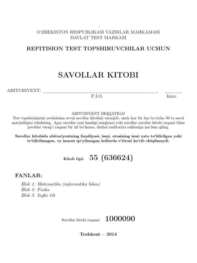 Savollar Kitobi: Repitision Test Topshiruvchilar Uchun | PDF