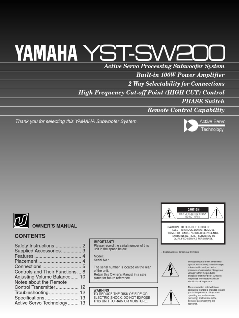 Yamaha YST-SW200 Owner's Manual | PDF