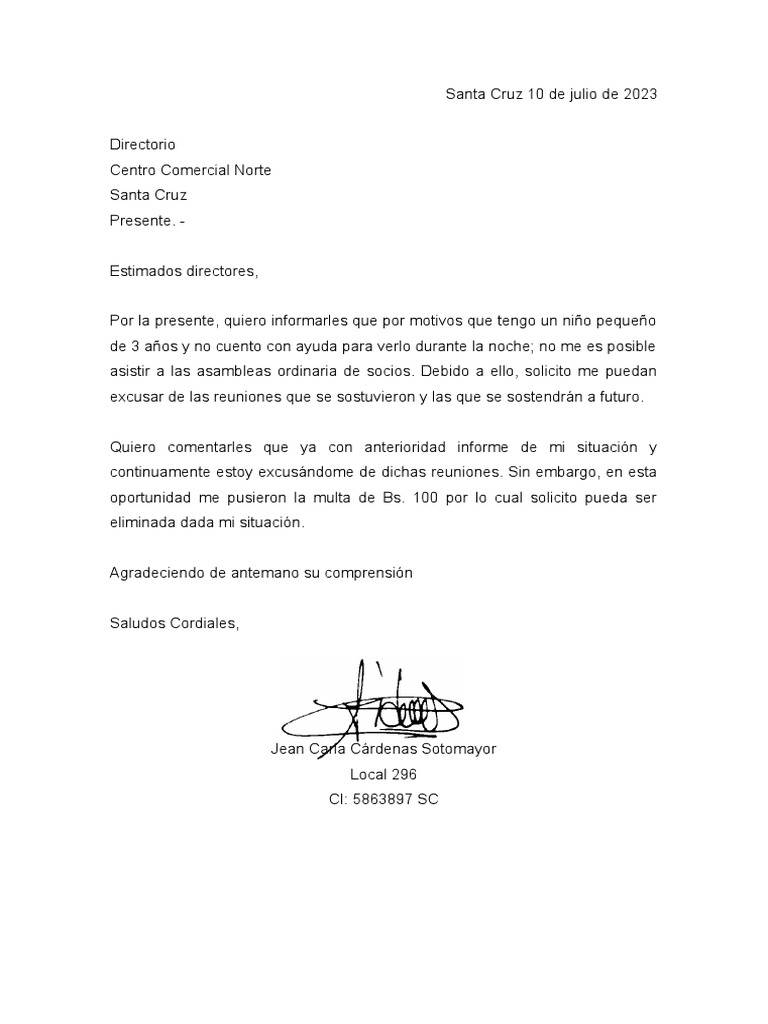 Carta Excusa Reunion de Directorio General | PDF