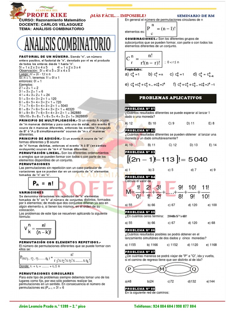 RM Analisis Combinatorio Hco - 1 | PDF | Combinatoria | Álgebra