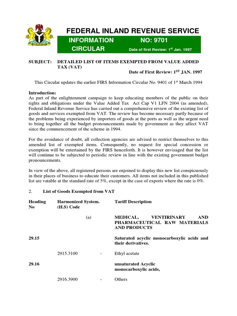 VAT Exempt Items in Nigeria List | PDF | Value Added Tax | Rail Transport