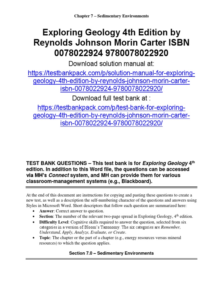 Exploring Geology 4th Edition Reynolds Test Bank 1 | PDF | Sedimentary ...