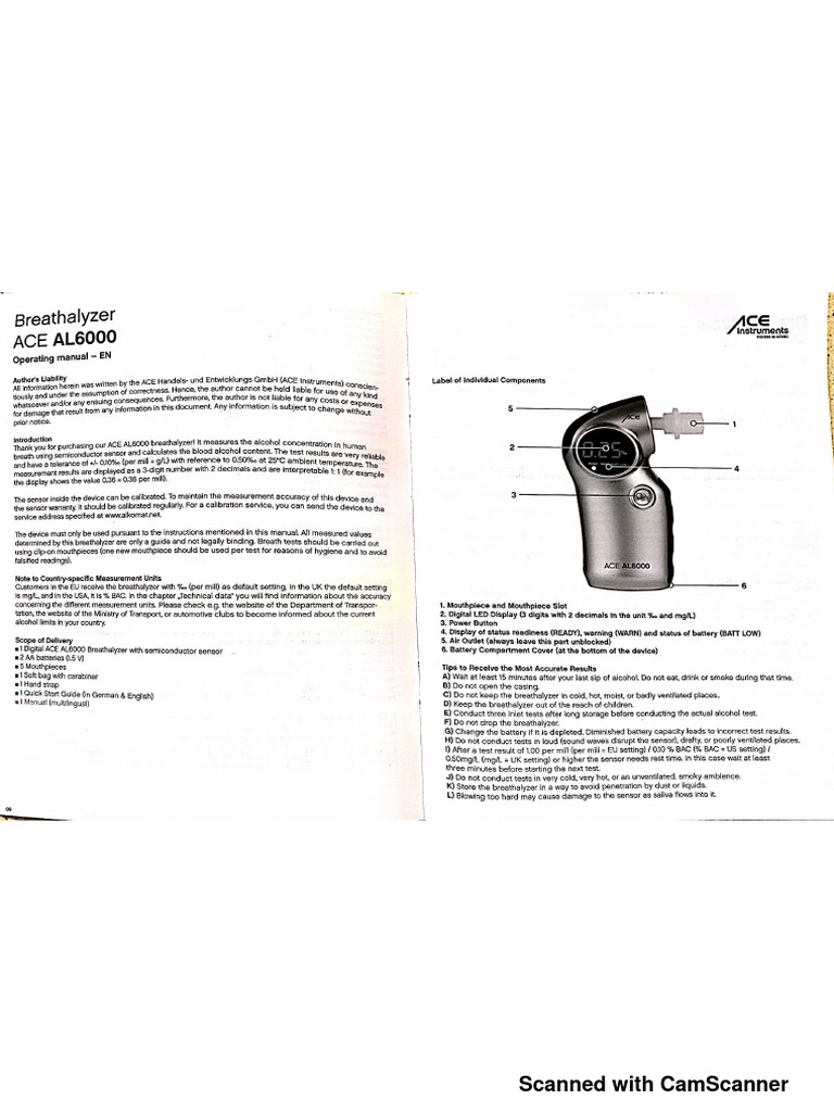 Alcoscan - AL6000 Breathalyzer Alcohol Meter | PDF