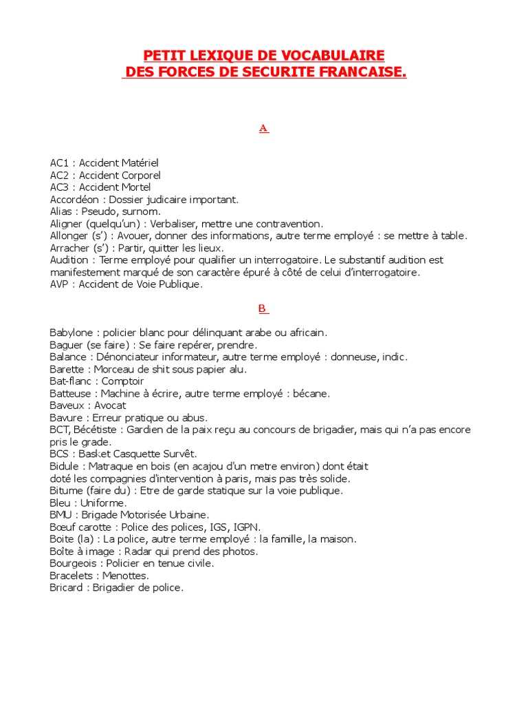 Lexique du vocabulaire policier français | PDF | Mystère, thriller et ...