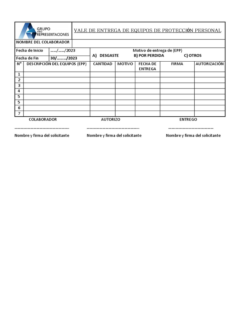 Vale de Entrega de Equipos de Protección Personal | PDF