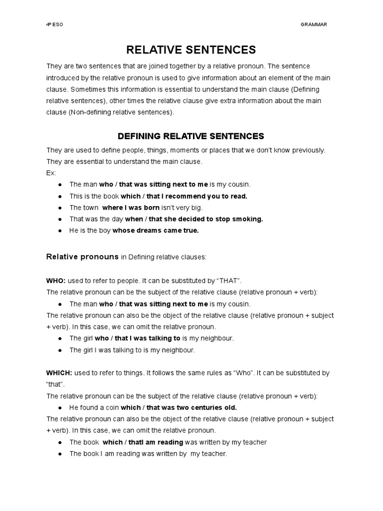 4º Eso Relative Sentences | PDF | Pronoun | Sentence (Linguistics)
