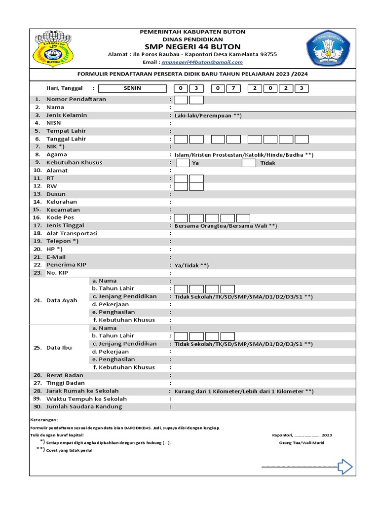 Formulir PPDB Versi Dapodikdas SMP 23-24 | PDF