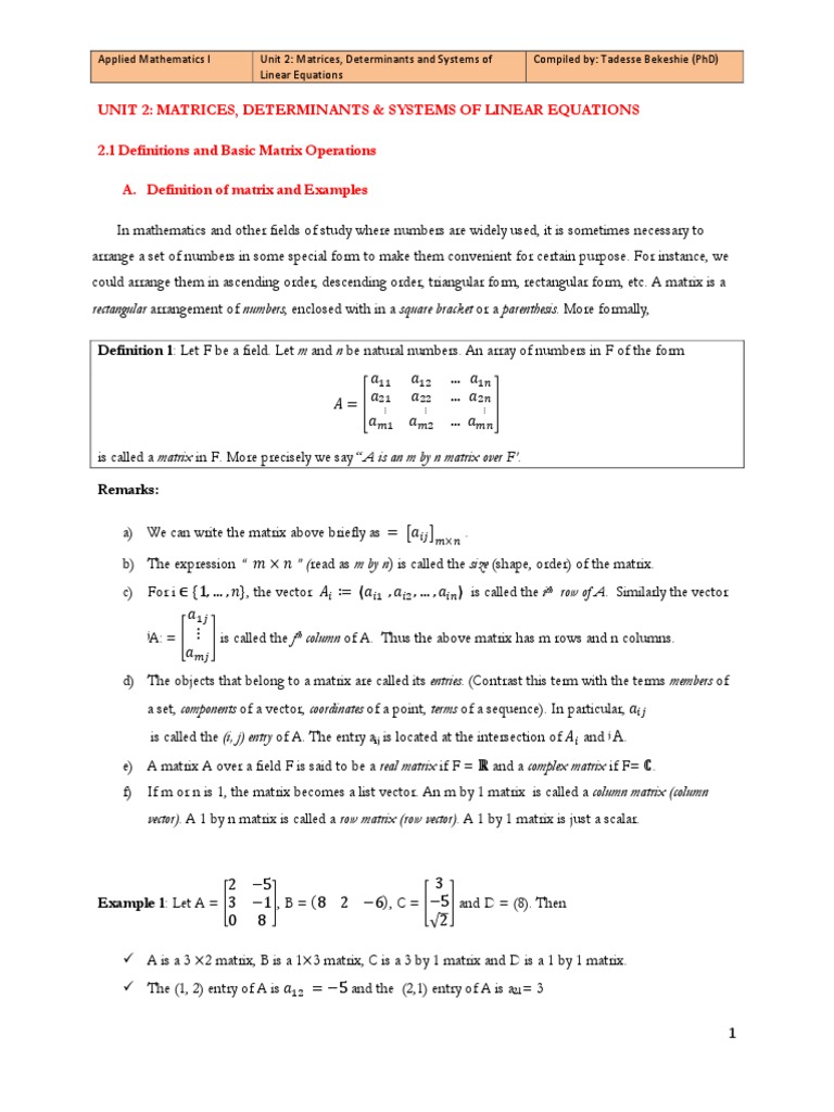 APPLIED MATHEMATICS I - Chapter 2: Matrices, Determinants and Systems of Linear Equations - by ...
