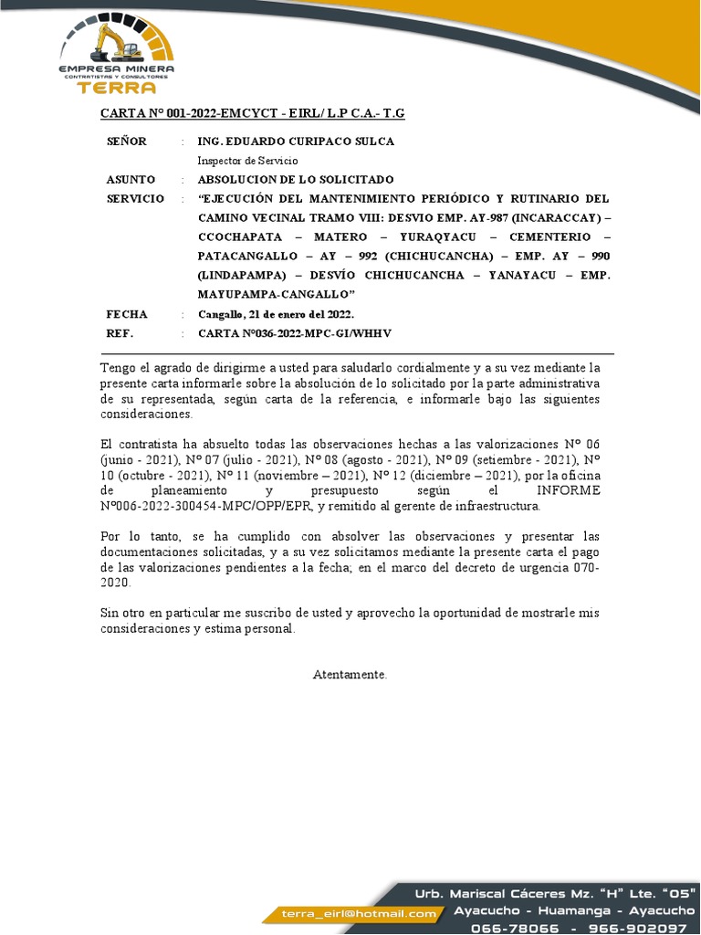 Respuesta A La Carta N°036-2022 | PDF | Negocios | Finanzas y dinero