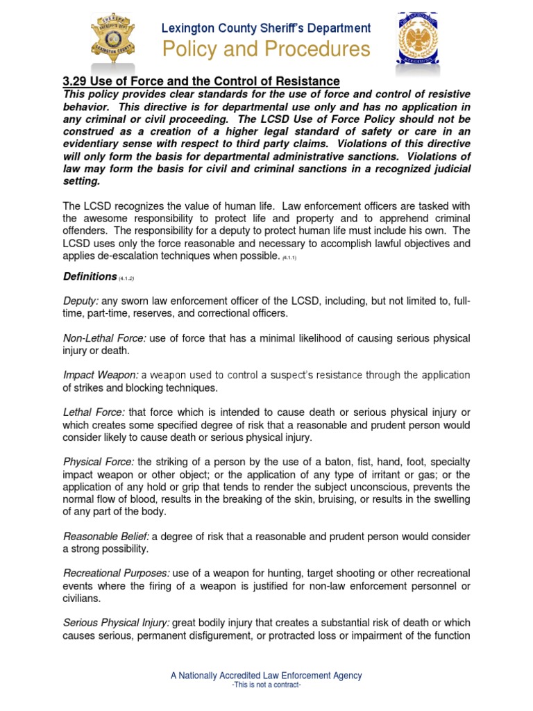 LCSD Use of Force Policy Overview | PDF | Deadly Force | Use Of Force