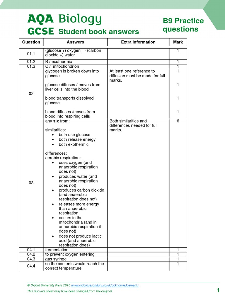 AQA Biology GCSE Combined B9 Practice Answers | PDF