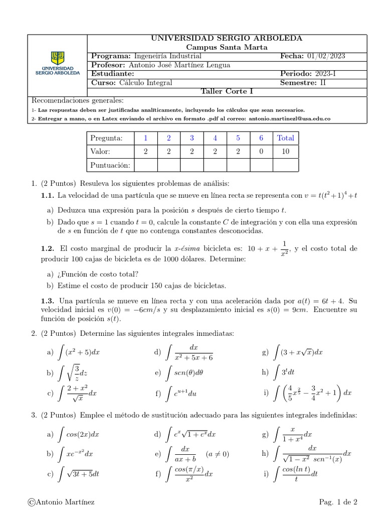 Taller_corte_1___C_lculo_Integral (1) | PDF
