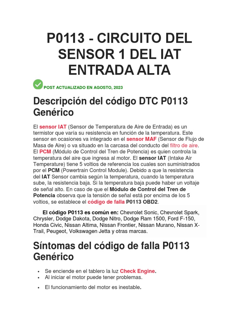 P0113 - Circuito Del Sensor 1 Del Iat Entrada Alta | PDF | Conector ...