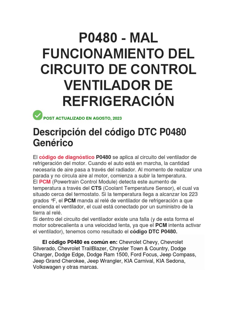 P0480 P0480 - Mal Funcionamiento Del Circuito de Control Ventilador de ...