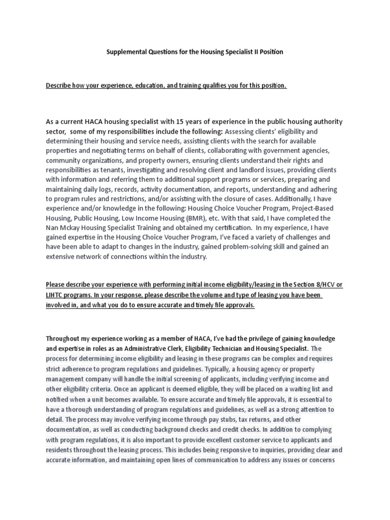 Housing Specialist II Questionnaire | PDF