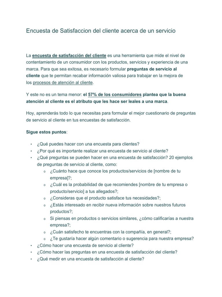 Encuesta de Satisfaccion Del Cliente Acerca de Un Servicio | PDF