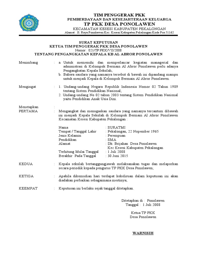 SK Kepala Sekolah KB Al Abror | PDF