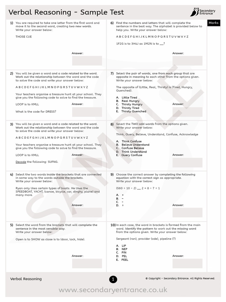 Verbal Reasoning - Sample Test 2020 (Secondary Entrance) | PDF | Latin ...