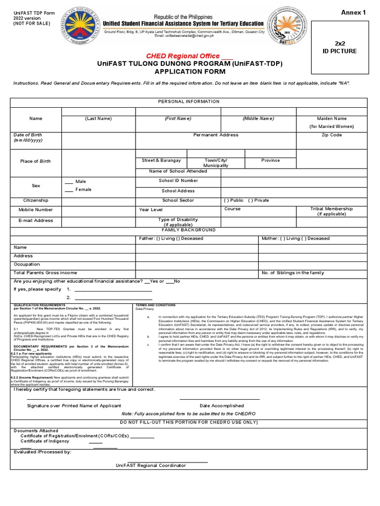 UniFAST Tulong Dunong Application Form | PDF