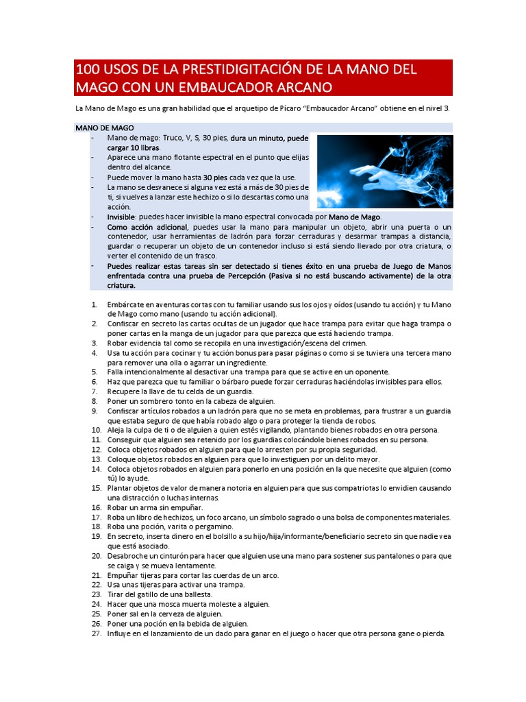 100 Usos de La Mano de Mago en Un Picaro Arcano-1 | PDF