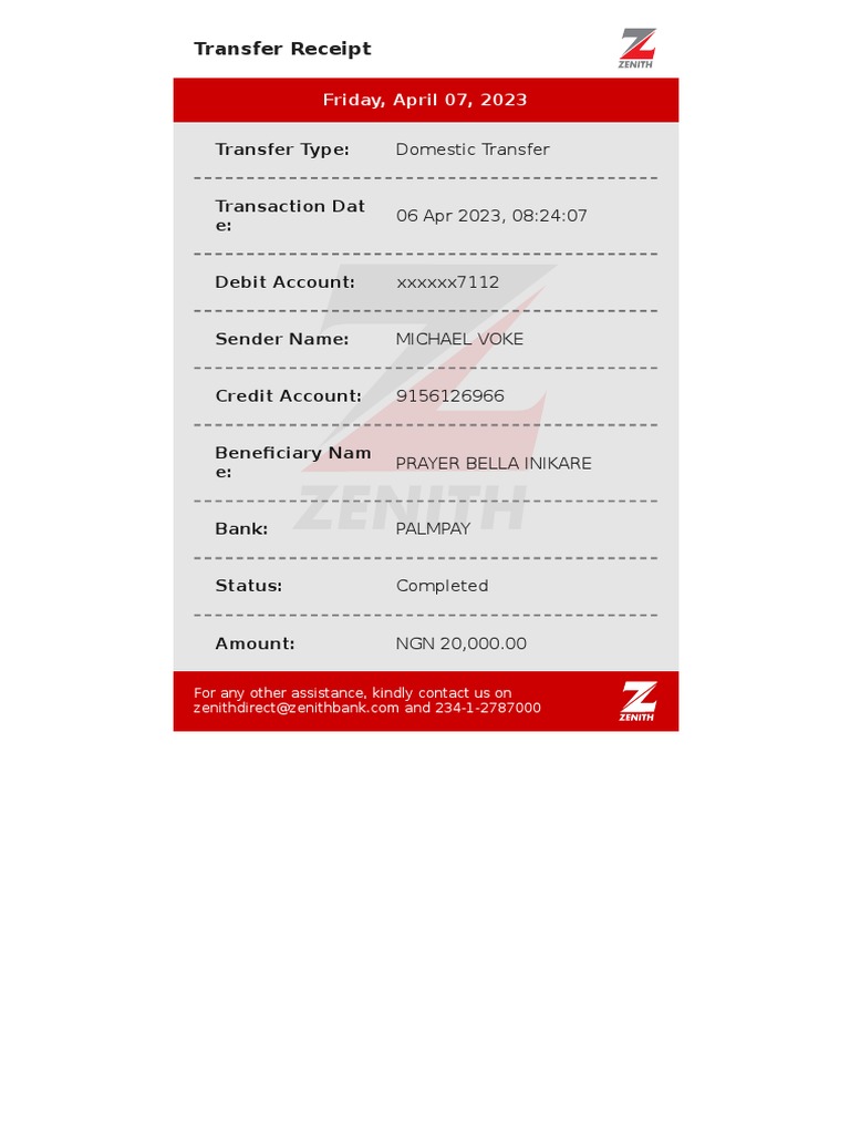 Transfer Receipt 154662973 | PDF