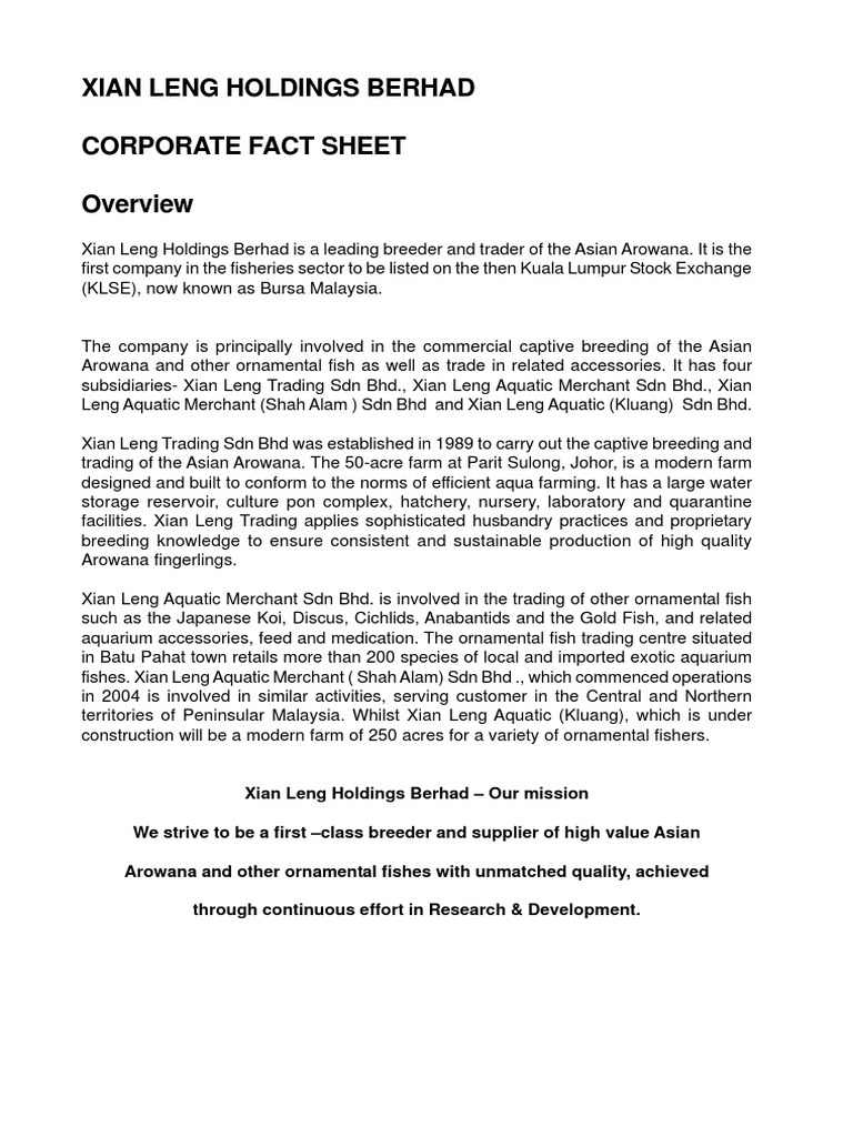Xian Leng Holdings Berhad, Corporate Fact Sheet | PDF | Fish And Humans