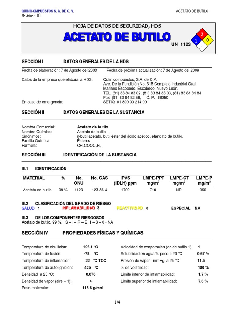 Hoja de Seguridad: Acetato de Butilo | PDF