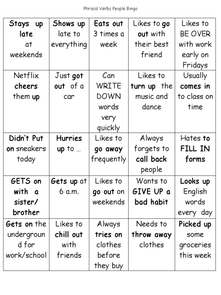 Phrasal Verbs People Bingo Fun Activities Games Icebreakers - 106709 | PDF