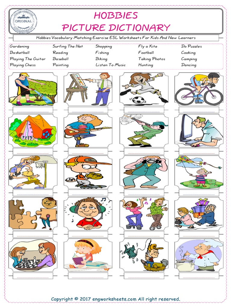 Hobbies Vocabulary Matching Exercise ESL Worksheets For Kids and New ...