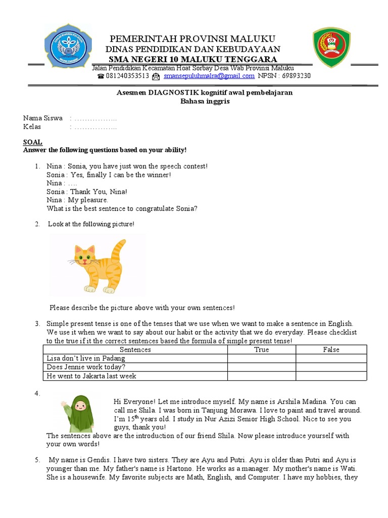 BLANGKO Asesmen Diagnostik Kognitif Bahasa Inggris Kelas X Fase E | PDF