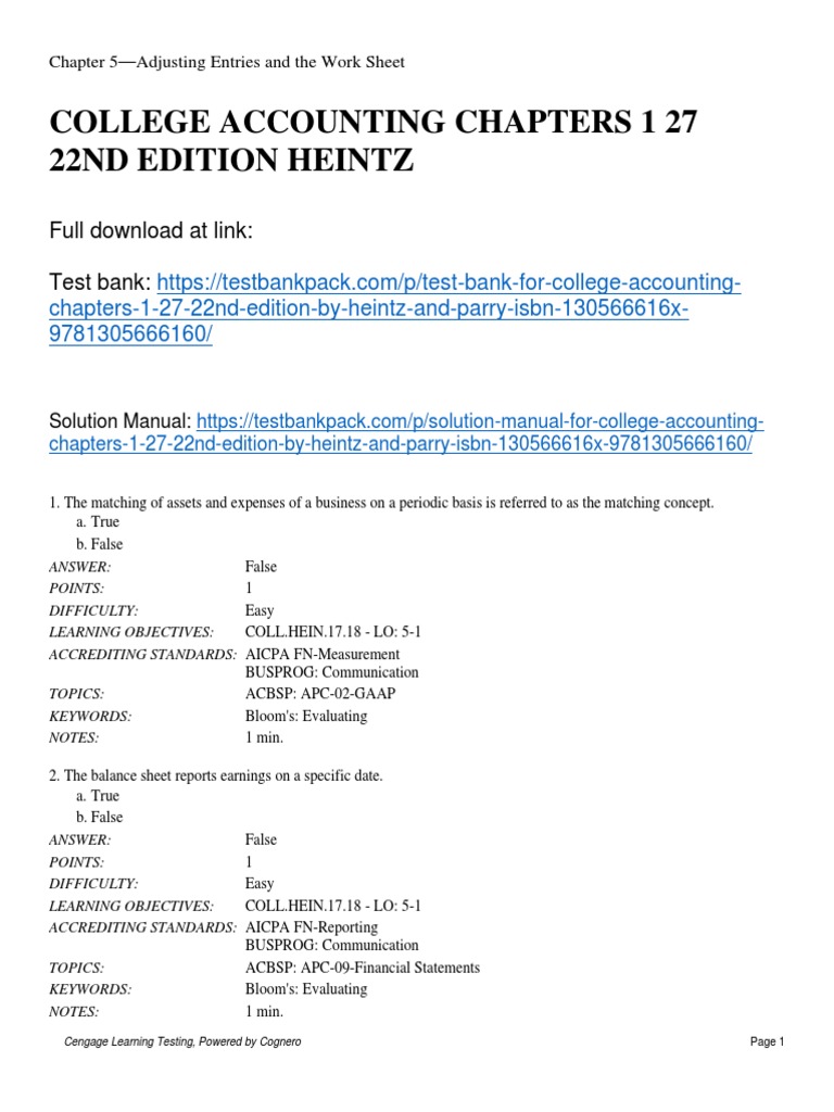 College Accounting Chapters 1 27 22nd Edition Heintz Test Bank Download ...